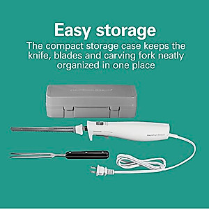 Hamilton Beach Electric Knife for Carving Meats, Poultry, Bread, Crafting Foam & More, with Reciprocating Serrated Stainless Steel Blades, Ergonomic Design, Storage Case & Fork Included, White