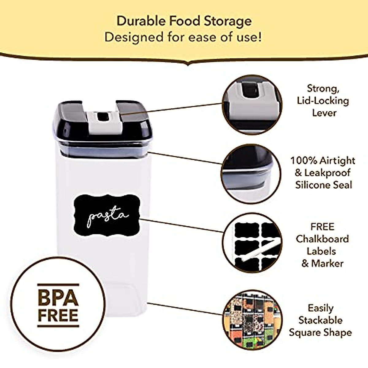 Simply Gourmet Food Storage Containers for Kitchen Organization - Pack of 14 BPA-Free Airtight Organizers for Flour, Sugar, Coffee & More - Includes 32 Labels & 1 Marker.