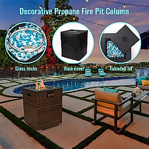 Senjoys 22in Outdoor Propane Gas Fire Pit Table, 40,000 BTU Auto-Ignition Gas Firepit with Glass Wind Guard, Painted Steel Tabletop, Mixed Color Glass Rocks, Brown PE Rattan