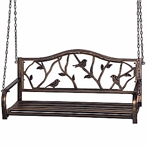 PHI VILLA Outdoor Metal Porch Swing, Outdoor Steel Hanging Swing Chair Patio Bench Swing with Sturdy Chains & Bird Pattern Backrest, 450lbs Weight Capacity for Porch, Deck-Bronze