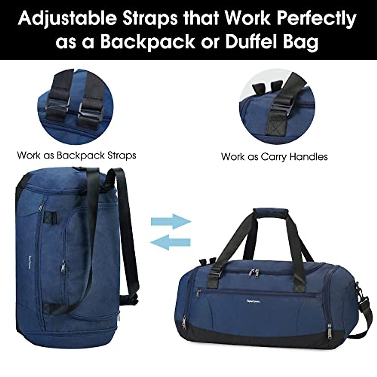 Travel Duffel Bag, Weekender Overnight Backpack with Shoe Compartment and Wet Pocket Sport Gym Bag for Men and Women, Navy