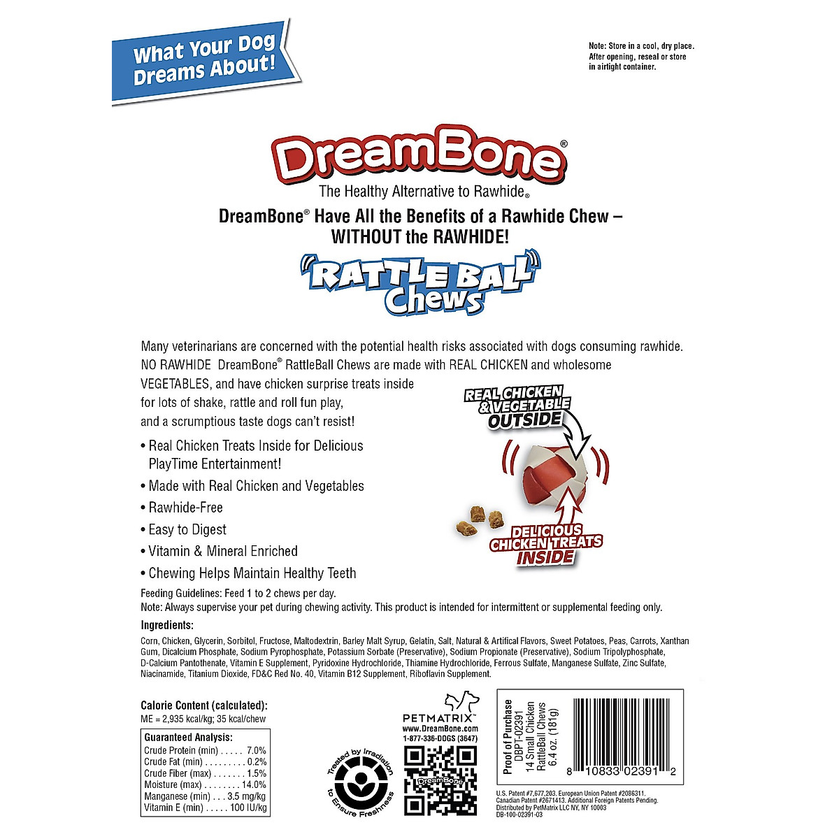 DreamBone RattleBall Chews, Rawhide Free Dog Chews Made with Real Chicken, Beef & Pork, 18 Count