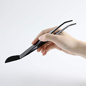 Wazakura Bonsai Curved Tip Tweezer with Spatula MADE IN JAPAN 8.6in(220mm) Stainless Steel Black Coated - Black