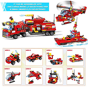 1432 Pieces City Fire Truck , Fire Rescue Helicopter , Fire Rescue Boat Building Blocks Set , 8+1 City Fire Mobile Command Center Truck , Fire Engine Gifts for Kids, Boys and Girls Ages 6-12