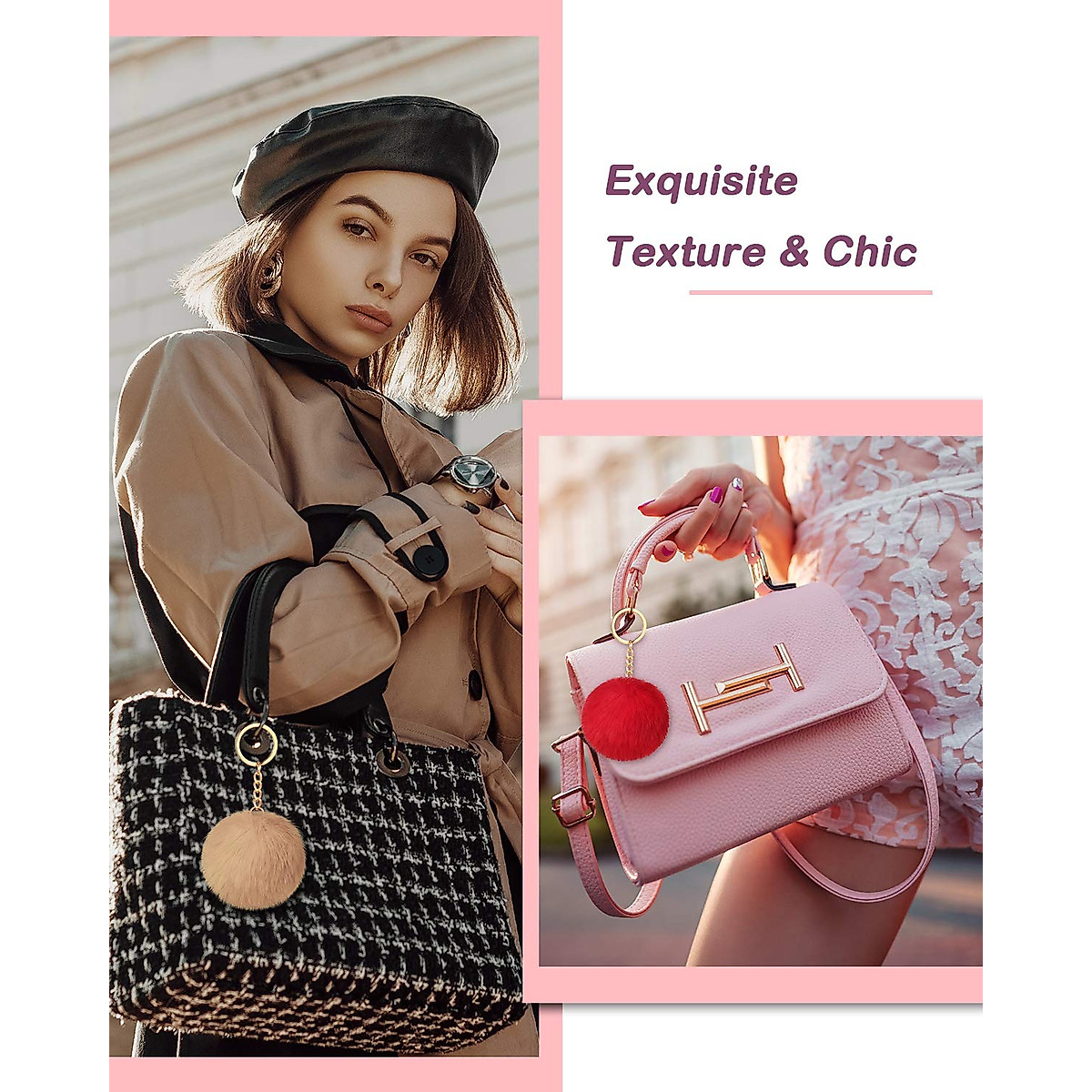 Auihiay 40 Pieces Pom Poms Keychains Fluffy Balls Pompoms Key Chain Faux Rabbit Fur Pompoms Keyring for Girls Women Hats Bags Knitting Accessories