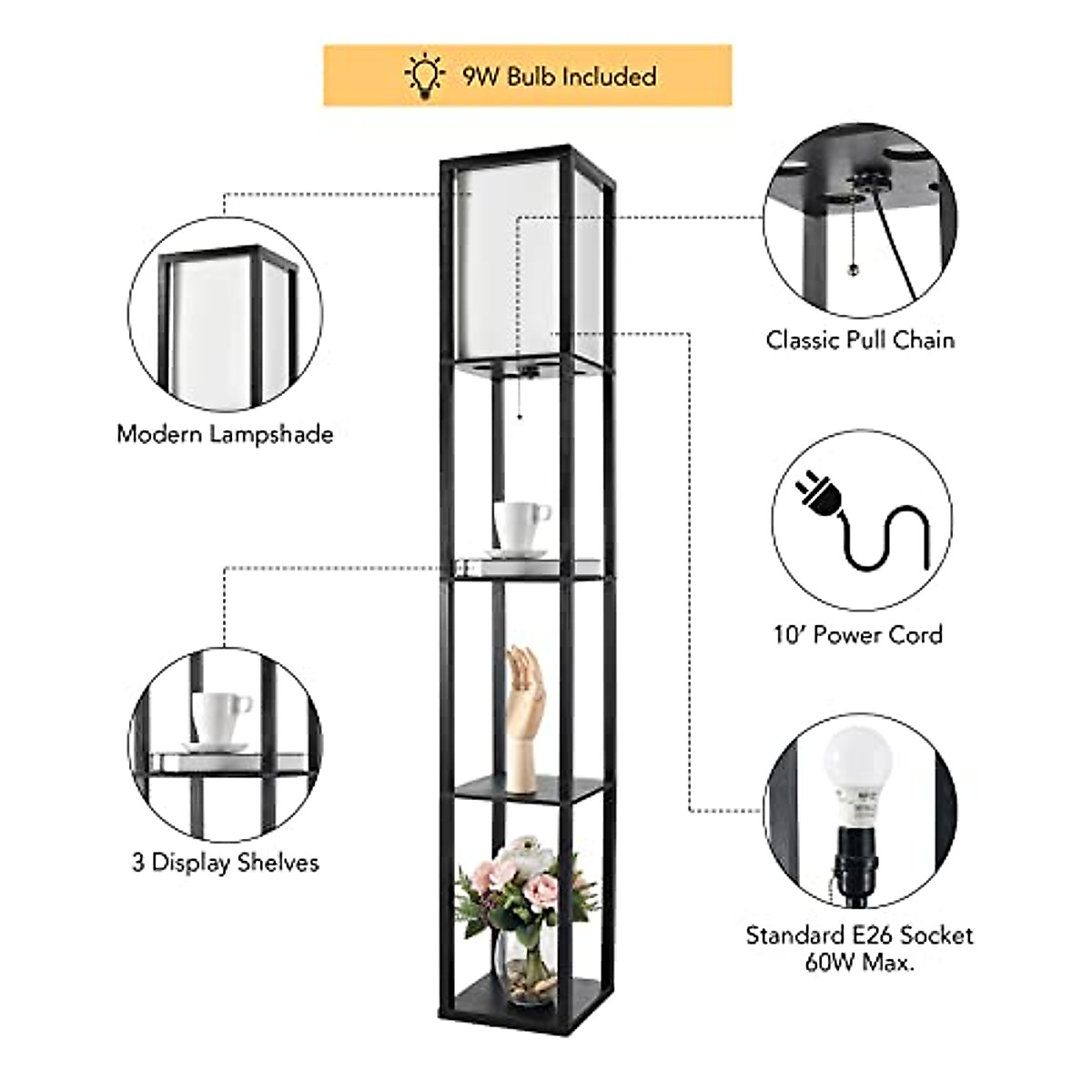 VONLUCE Shelf Floor Lamp, Etagere Lamp with Shelves, Standing Lamp with 3 Wood Display Storage Shelves for Bedroom Bedside Corner Living Room, Simple Modern Floor Lights with LED Bulb