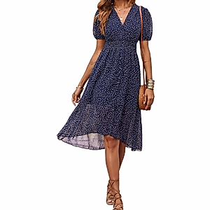 PRETTYGARDEN Puff Sleeve Floral Easter Dress for Women High Low Hem Wrap V Neck Summer Dress Smocked Waist Flowy Midi Dress (Bright Blue, Large)