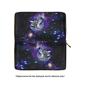 Poceacles Galaxy Space Wolf Print Women's Wallet,Durable Long Leather Coin Money Purse,Waterproof Card Holder Pouch Zip Around