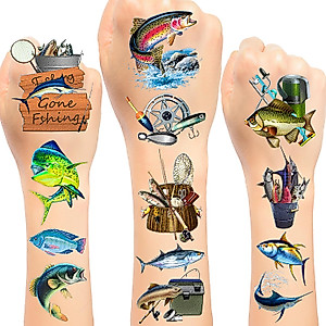 20 Sheets(120PCS) Gone Fishing Fish Temporary Tattoos Gone Fishing Party Favor for Birthday Party Supplies Fishing Party Decorations, Fathers Day, Retirement, Baby Shower for Kids Boys Adults