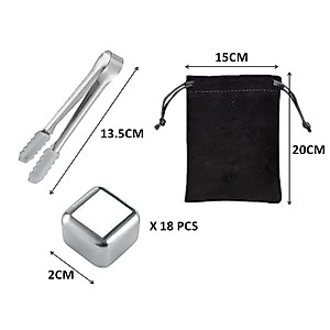 Kellegour 18 PCS Stainless Steel Ice Cubes,Metal Ice Cube,und Velvet Bags+1 Nonslip Ice Tong,Cooling Whisky Rocks,Stainless Steel Whiskey Rocks,For Whiskey,Vodka,Liqueurs,Wine,Beverage Juice or Soda