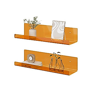 RRG 15 Inch Acrylic Floating Shelves, 2 Pack Kids Floating Bookshelf Wall Mounted Display Shelf for Books, Kids Room, Nursery, Bedroom, Bathroom, Living Room (Orange)