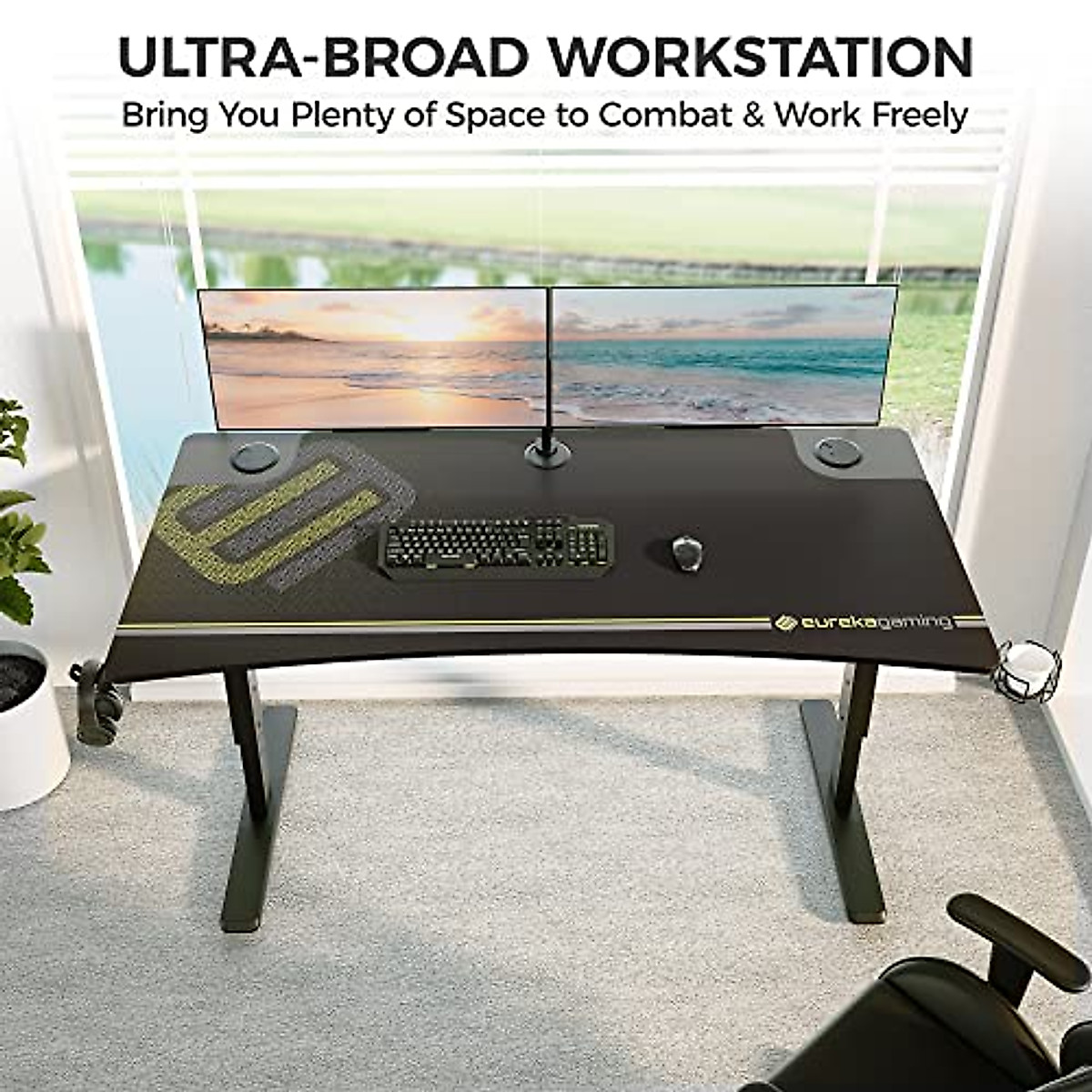 EUREKA ERGONOMIC 63 Inch Large Manual Height Adjustable Gaming Computer Desk, Home Office Studio Table Dual 3 Monitor Curved Edge Gifts 60 + w/Full Desk Mouse Pad Controller Stand Cup Headset Holder