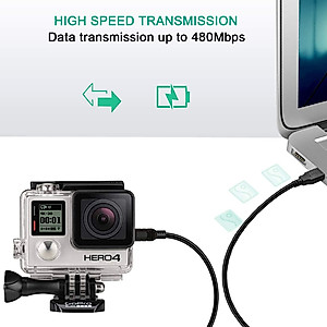 SCOVEE Mini USB Charger Cable for Gopro Hero 4 Silver Hero 4 Black Hero 3+ Silver Hero 3+ Black Hero 3 White Hero 3 Black Hero 3 Silver Hero 2 Hero 1,Mini-B Camera Data Sync Charging Power Cord 3ft