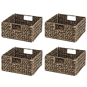 mDesign Woven Hyacinth Storage Bin Basket Organizer with Handles for Organizing Kitchen Pantry, Cabinet, Cupboard, Shelves - Holds Food, Drinks, Snacks - 4 Pack - Brown Wash