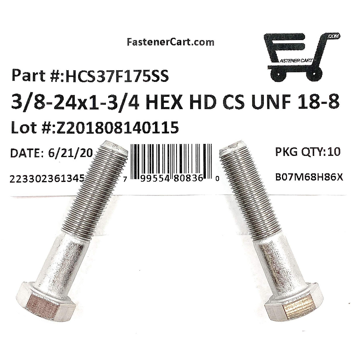 3/8-24x1-3/4 Stainless Steel Hex Cap Screws PT Hex Bolts 18-8 (UNF) FINE Thread (10 pcs)