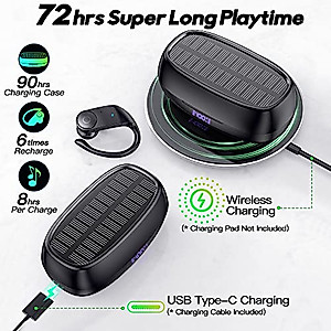 Wireless Earbuds Bluetooth Headphones with Earhooks[Solar Charging &Wireless Charging with LED Display][IPX7 Waterproof ]Wireless Over Ear Buds Built-in Mics Headset for Sport Running Workout-Black