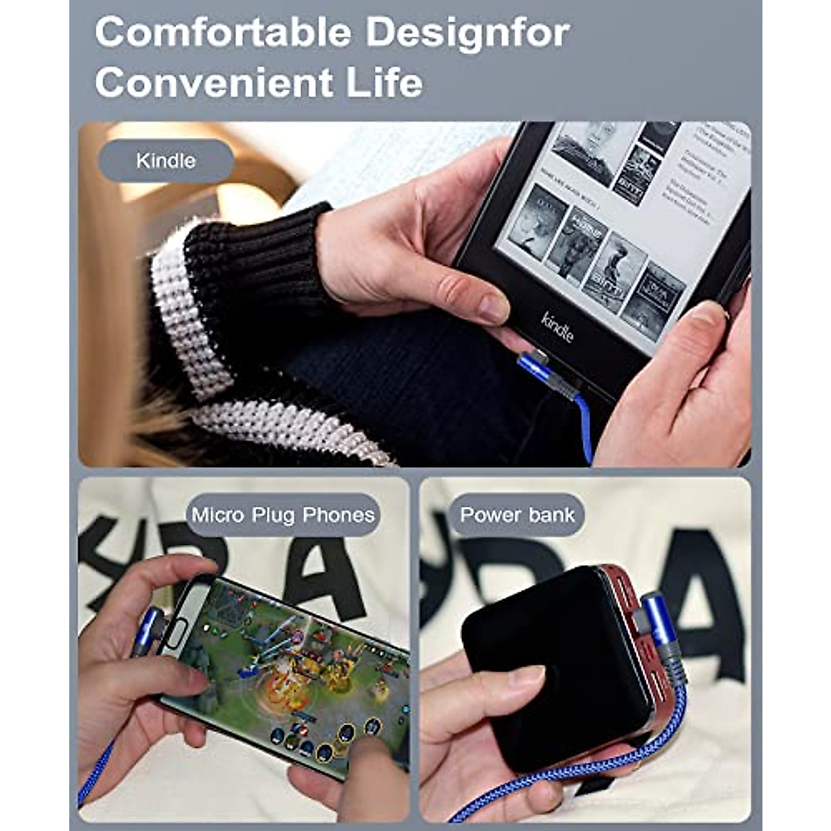 sweguard Micro USB Cable Right Angle [3-Pack,3.3ft+6.6ft+10ft] Android Charger Cable, Nylon Braided Micro Charger Cord for Samsung Galaxy S7 Edge S6 S2 J7 J5 J3 J3V J2,LG K10 V10,Moto E6 5 4,PS4-Blue