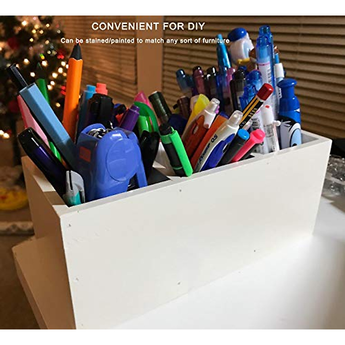 Coideal Wood Remote Control Holder - Wooden Pen Pencil Desktop Organizer with Hollow Design for Office School (3 compartments)