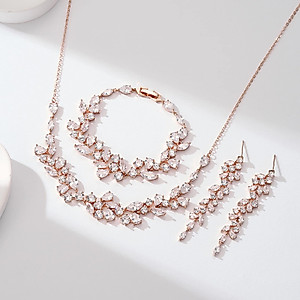 SWEETV Rose Gold Bridal Jewelry Set for Wedding, 3Pcs Long Floral Necklace Earring Bracelet Sets for Brides, Bridesmaids, Elegant Marquise and Cubic Zirconia Jewelry Set for Women Party Prom Gifts