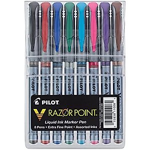 PILOT V Razor Point Liquid Ink Markers, Assorted Color Inks, 8-Pack Pouch (11008)