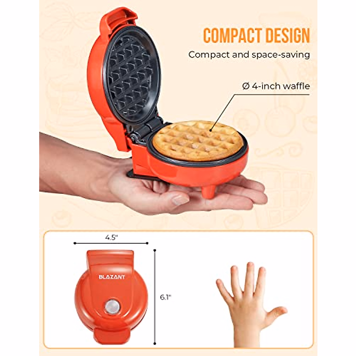 Mini Waffle Maker, Small Waffles Iron Keto Chaffles Single Compact Design Nonstick, Breakfast, Snacks, Hash Browns, 4 Inch Red 550W BLAZANT