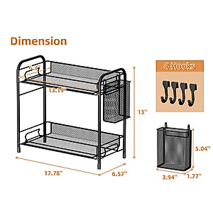 VITVITI Mesh Bathroom Organizer Countertop, 2-Tier Metal Bathroom Counter Organizer and Storage, Vanity Organizer Sink Shelf Kitchen Spice Rack with Basket and Hooks, Black