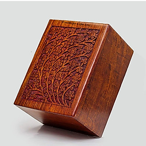DnU Avenue Hand carved Wooden Cremation Urns for Human Ashes Adult & Pets, Memorial Urn Box, Keepsake for Burial/Funeral Ashes, Tree Of Life Urn, Capacity 85" Cu/in (Large 7.5 x 5.75 x 3.5 Inch)