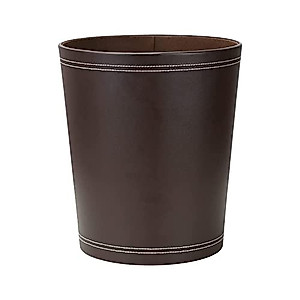 KINGFOM Classic Pu Leather Trash Can Wastebasket, Garbage Container Can for Bathrooms, Powder Rooms, Kitchens, Home, Office and and High Class Hotel Round Brown