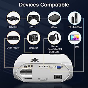 Native 1080P WiFi Bluetooth Projector with 200'' Display, 8000Lux Full HD 4K Support Movie Video Projector Compatible w/ iOS Android Smartphone Tablet, HDMI/VGA/USB/TV Stick, Auto Sleep Timer