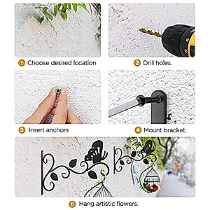 Lewondr Wall Hanging Plant Bracket, [2 Pack] 12 Inch Retro Outdoor Indoor Garden Hook Hanging Planter Decorative Plant Brackets for Bird Feeder Wind Chime Lantern, Butterfly and 3 Leaves, Black