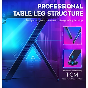Dowinx Gaming Desk with LED Lights, RGB Gaming Computer Table with Carbon Fibre Surface, LED Home Office Desk with Remote Control, Pc Workstation with Cup Holder and Headphone Hook, Black