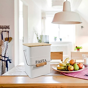 Gdfjiy Spaghetti Canister, White Metal Pasta Storage Container with Sealed Bamboo Lid & Portable Handle, Pasta Keeper Spaghetti Containers Storage for Pantry Organization