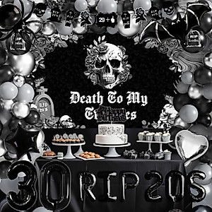 WHYMEO 30th Birthday Party Decorations Pack 97Pcs,Death to My 20s Supplies Including Banner Garland Backdrop Tablecloth Rip Sash Cake Toppers Balloon Set for Funeral Youth Funny Thirtieth Party,Black