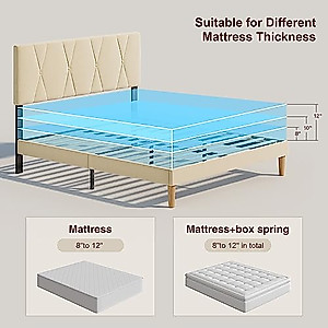 Gizoon Queen Bed Frame with Adjustable Velvet Headboard, Upholstered Platform Bed Frame with Sturdy Metal Frame, Wooden Slats, Noise-Free, No Box Spring Needed (Beige, Queen)