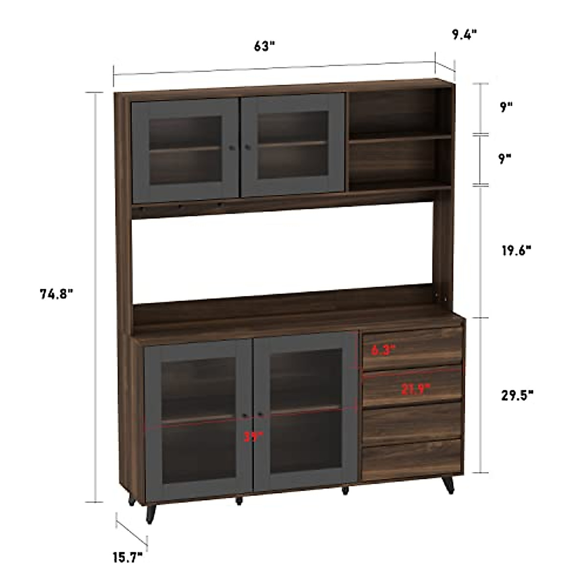 AIEGLE Large Kitchen Hutch Cabinet, Storage Cupboard Pantry with 4 Doors, 4 Drawers & Microwave Shelf, for Kitchen Storage, Dark Walnut (63" L x 15.7" W x 74.8" H)