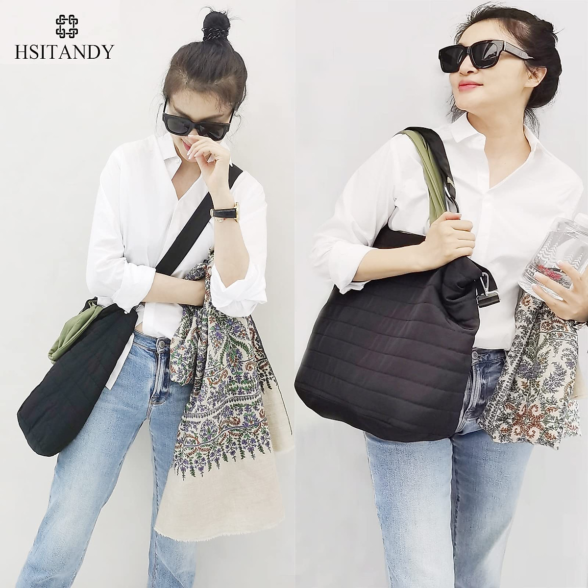 Hsitandy Tote Bag for Women, Crossbody Bags Purses for Women Crossbody Bag Quilted Tote Shoulder Bag Fashion Travel Handbag with Zipper Large Black/Viridity