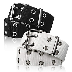 Geyoga 2 Pieces Double Grommet Canvas Belts Two-Hole Jeans Vintage Buckle Punk Belts for Men and Women (White and Black,100 cm)