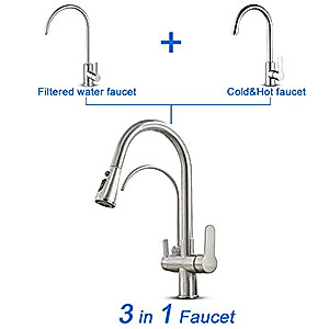 MENATT Filter Kitchen Faucet with Drinking Water Faucet, High Arc Pull Down 3-Way Kitchen Faucet, 3 in 1 Sink Cold and Hot Mixer Tap (Brushed Nickel)