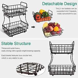 TomCare 2-Tier Fruit Basket Metal Fruit Bowl Bread Baskets Detachable Fruit Holder kitchen Storage Baskets Stand - Screws Free Design for Fruits Breads Vegetables Snacks, Bronze