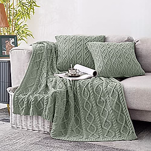Homiest Cable Knit Throw Blanket and Pillow Set, Sage Green Throw Blanket Set of 3, Knitted Throw Blanket (50"x60") & 2 Pillow Covers (18"x18"), Soft & Cozy Decorative Throw Blanket for Couch Bed Sofa