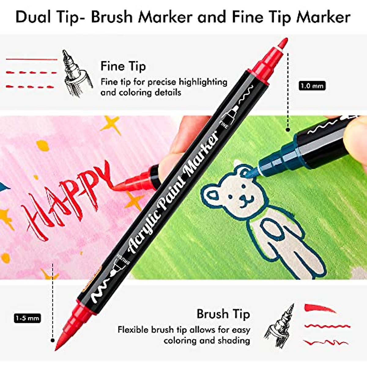 Shuttle Art 36 Colors Dual Tip Acrylic Paint Markers, Brush Tip and Fine Tip Acrylic Paint Pens for Rock Painting, Ceramic, Wood, Canvas, Plastic, Glass, Stone, Calligraphy, Card Making, DIY Crafts