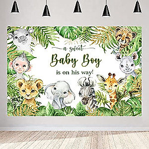 Aperturee 5x3ft Jungle Safari Animals Bbay Shower Backdrop Baby Boy is On His Way It's a Boy Photography Background Green Leaves Photo Booth Studio Cake Table Banner Party Decorations Props Supplies