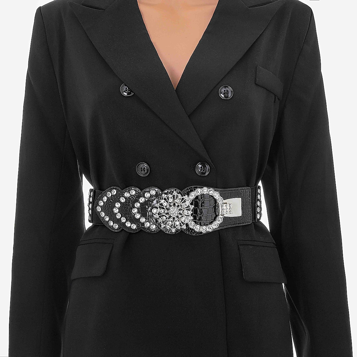 Vivilly Women's Rhinestone Belt Black Crystal Stretchy Retro Wide Waist Cinch Belt for Dress