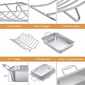 Skyflame Roasting Pan with Rack for Turkey, Stainless Steel Silver Rectangular Barbecue Bakeware Roaster Pan with Nonstick U-Rack for Indoor/Outdoor Oven Cooking