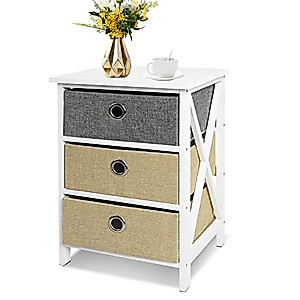 ECOMEX Nightstand Set of 2, Nightstand with 3 Drawers, Small Nightstand with Storage Drawers, Bedside Table with Fabric Bins, Wood Frame, Easy Assembly, White
