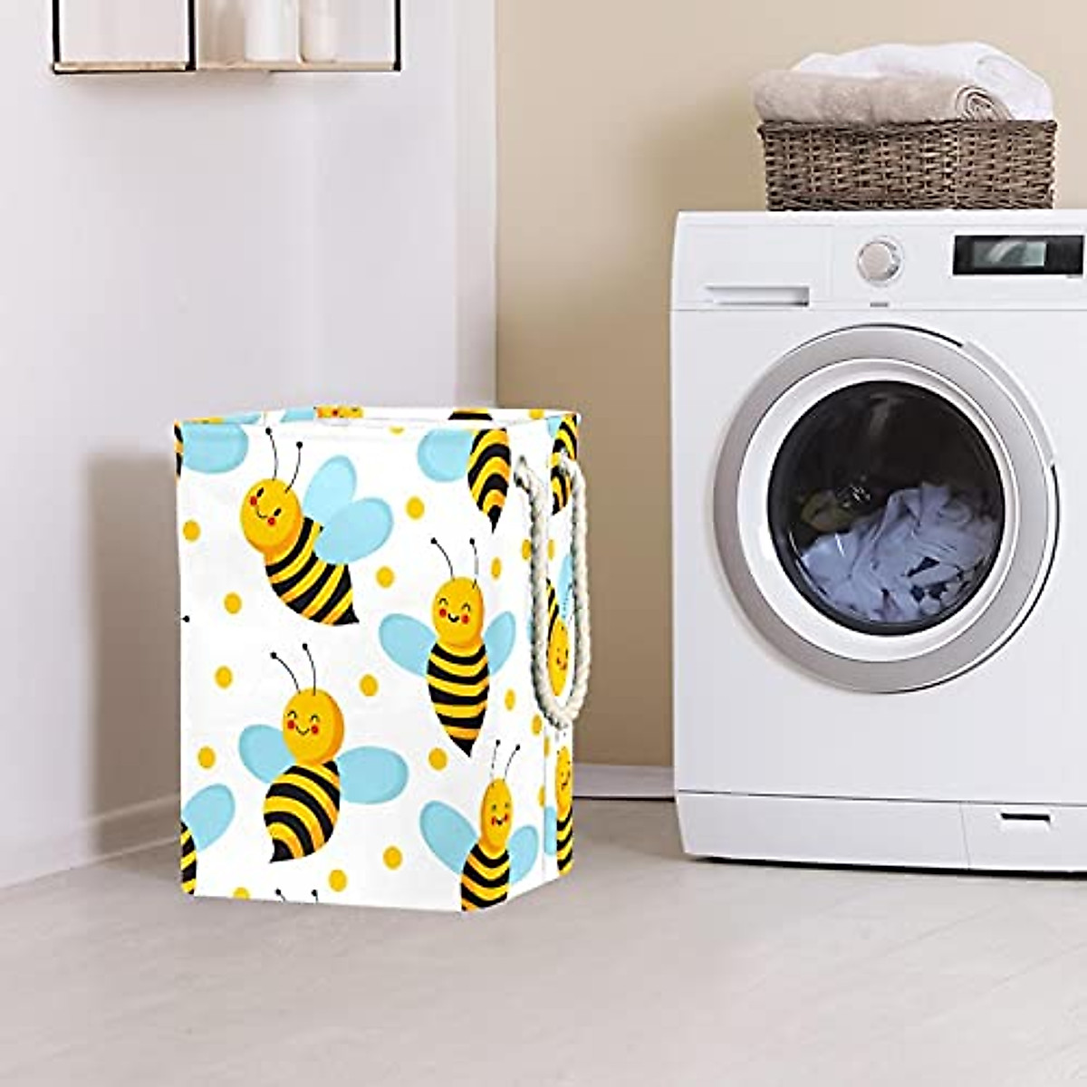 Cute Cartoon Funny Bee Laundry Basket Collapsible Rectangular Organizer Hamper For Unisex Adult, Teen Girls, Boys, Waterproof Storage Bins Kids Room
