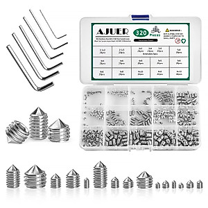 AJUER 320PCS Metric M2.5/3/4/5/6/8 304 Stainless Steel Allen Head Hex Socket Cone Point Set Screws,Internal Hex Drive Grub Screws,Tip Point Headless Set Screw Assortment Kit for Door Handle,Bathroom