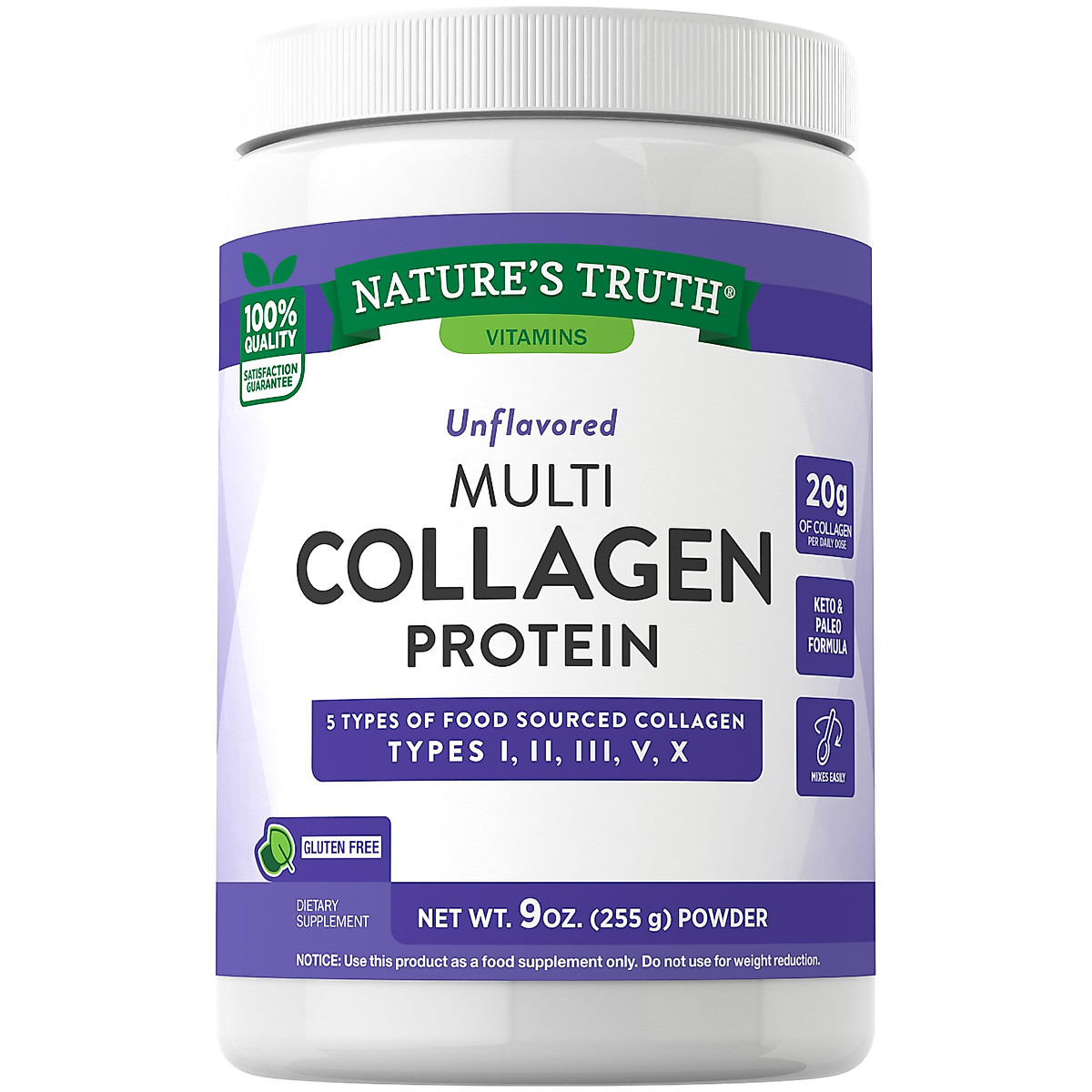 Nature's Truth Multi Collagen Powder | 9 oz | Type I, II, III, V, X | Hydrolyzed Collagen Peptide Protein Powder | Keto and Paleo Friendly | Unflavored | Gluten Free