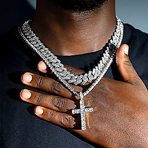 DLSIXNCO Cuban Link Chain for Men Women Cross Necklace for Men women Iced Chain Miami Cuban Link Chain Cross Pendant Diamond Chain for Men Boys Religious Jewelry Gift (Silver, 16"+18")