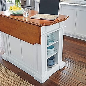 Homestyles Americana Kitchen Island with Wood Top and Drop Leaf Breakfast Bar, Storage with Drawers and Adjustable Shelves, 50 Inch Width, 49.75 inches, White and Oak